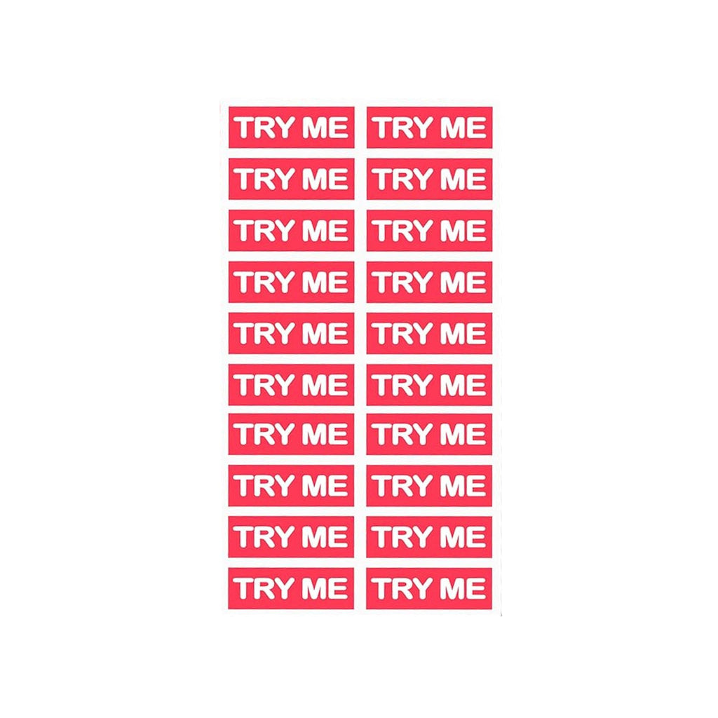 image of pink rectangular sticker sheet with "Try Me" in white letters
